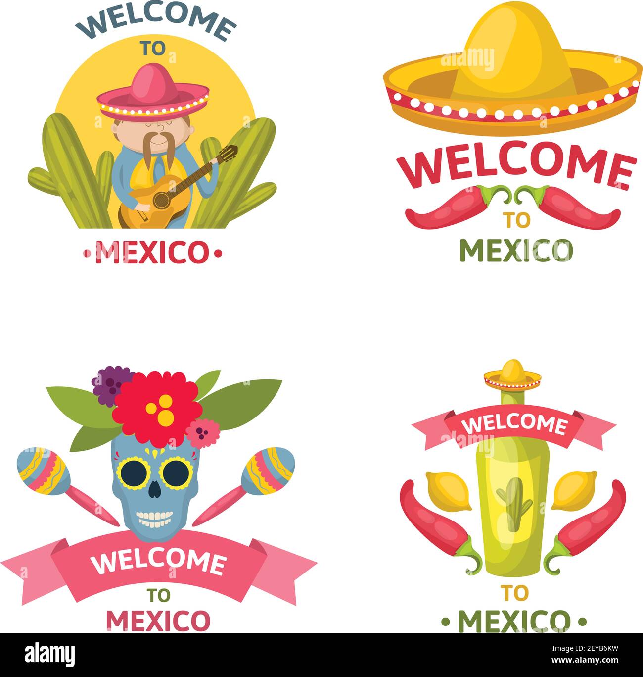 Mexican welcome emblem set with welcome to mexico descriptions isolated ...