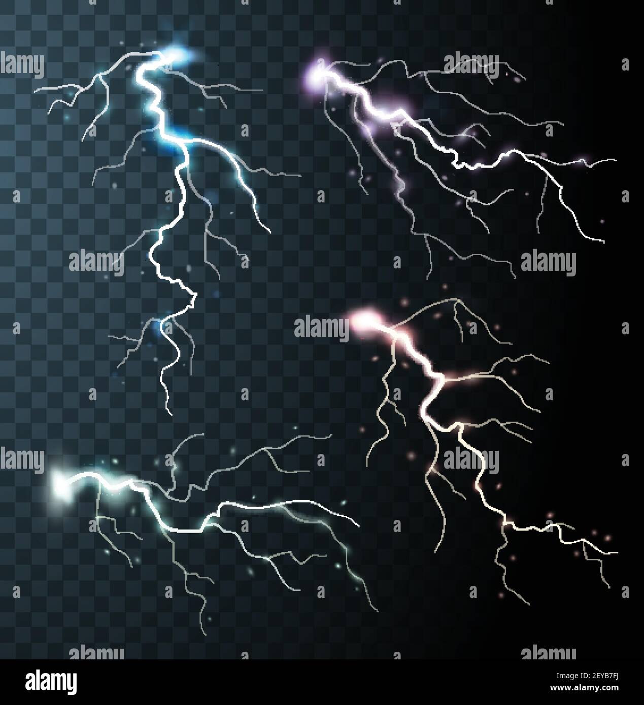 Thunderstorm realistic elements with colored flashes of lightnings sparks on black half ...