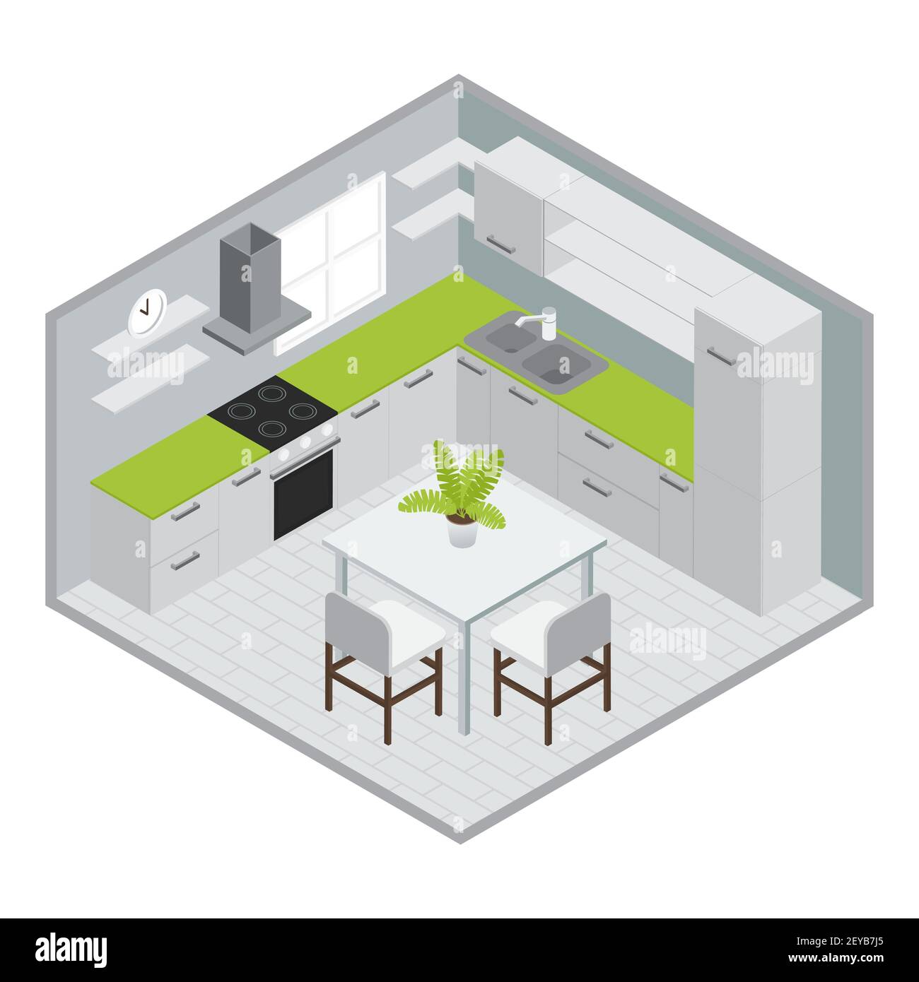 Room for cooking isometric design with white green kitchen furniture ...