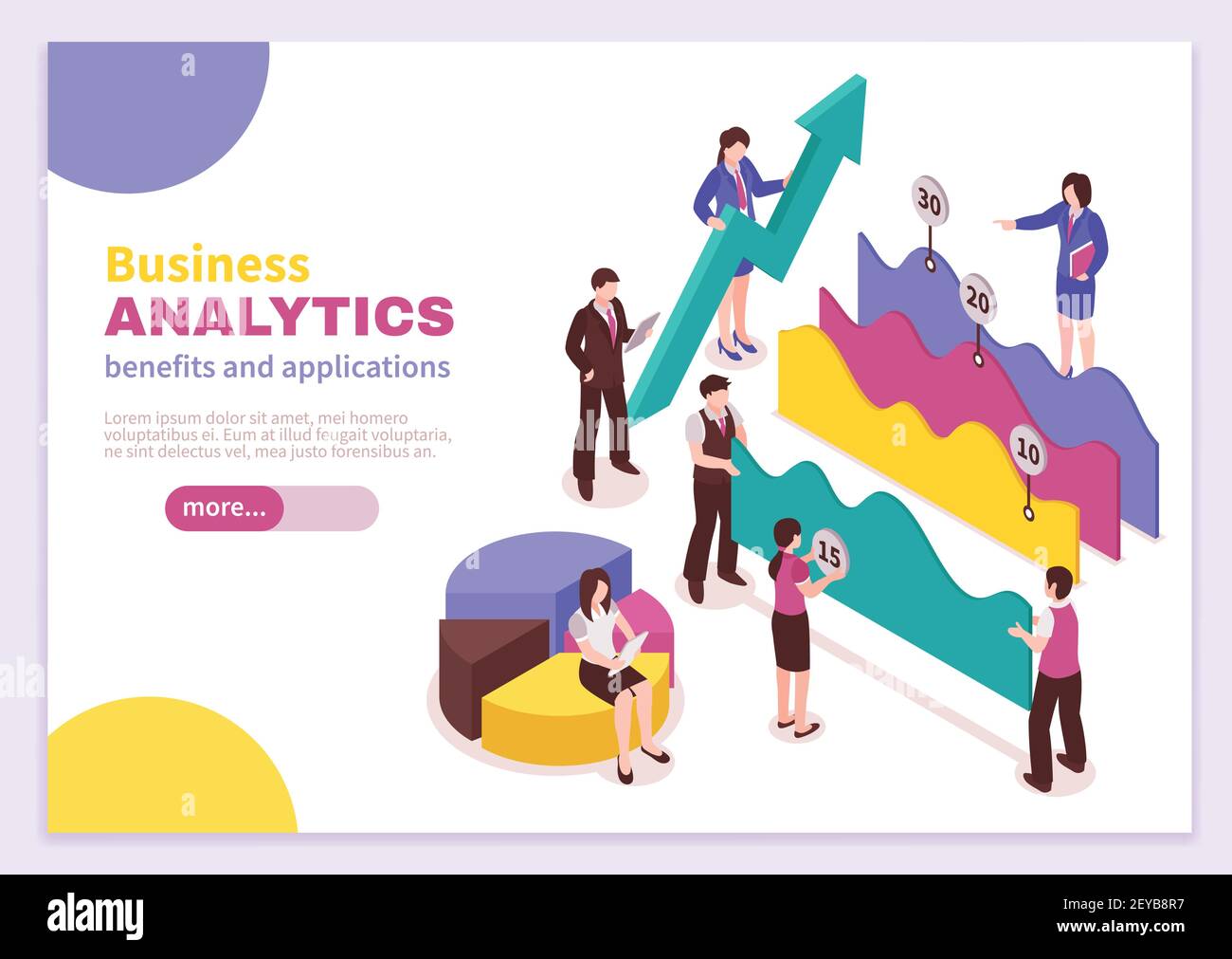 Business analyst poster with benefits and applications symbols ...
