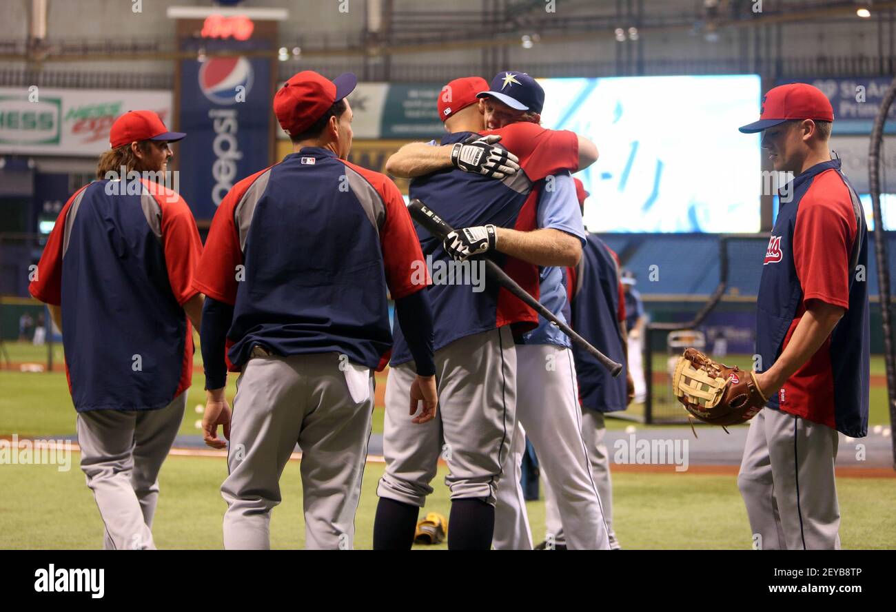 The Tampa Bay Rays' Shelley Duncan, center right, greets Cleveland ...