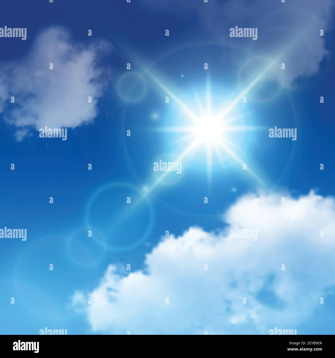 Realistic sun lens flares among white clouds on blue sky background ...