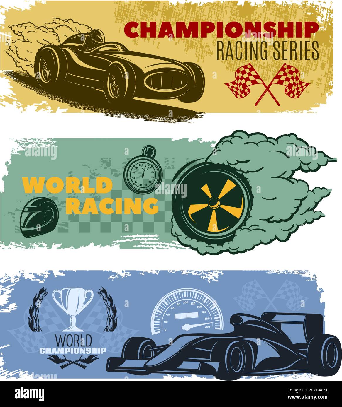 Three colored horizontal racing banner set with titles championship ...