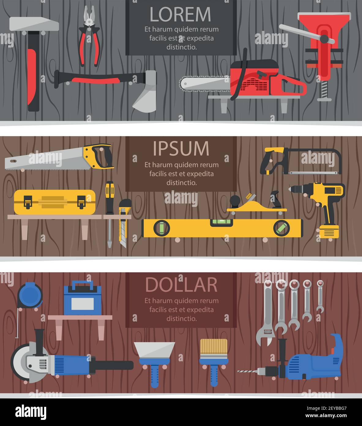 Work tools horizontal banners set with colored instruments for ...