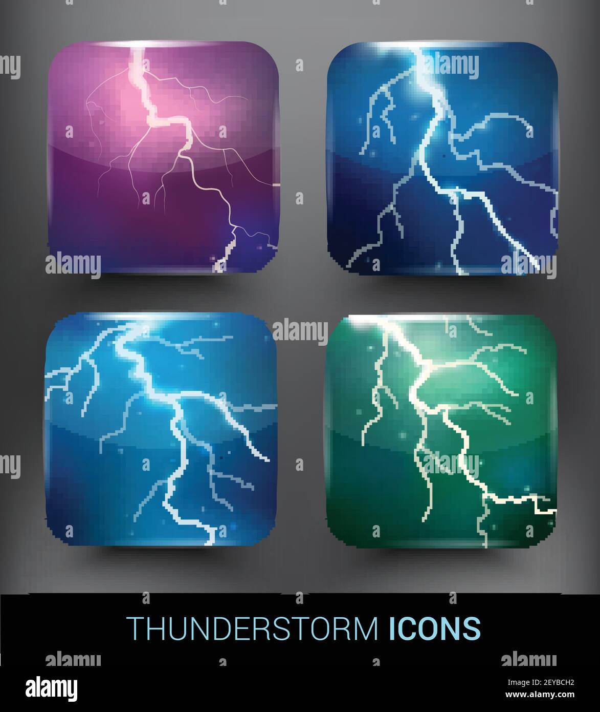Realistic thunderstorm elements set with bright lightnings on colorful rounded squares isolated ...