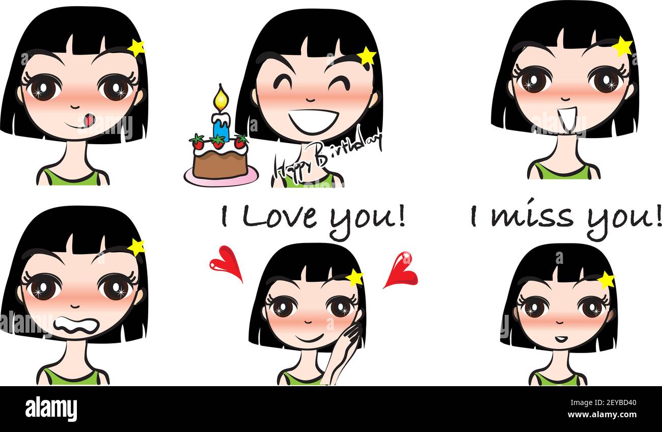 Vector cartoon girl life action emoji set Stock Photo - Alamy