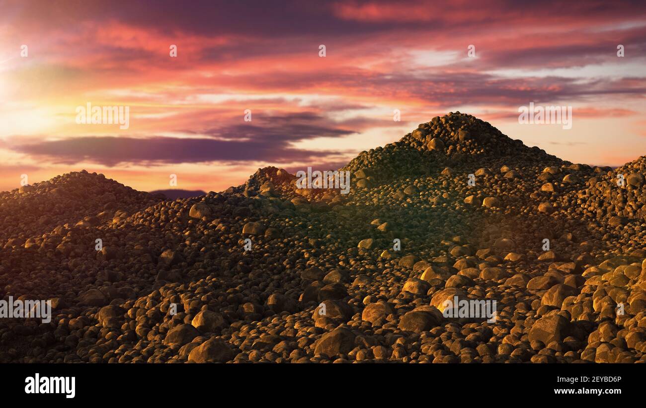 sunrise over landscape with brown soil, rough ground background Stock ...