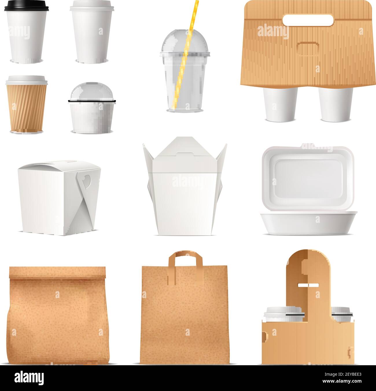 Realistic set of takeout fast food package made of paper and plastic ...