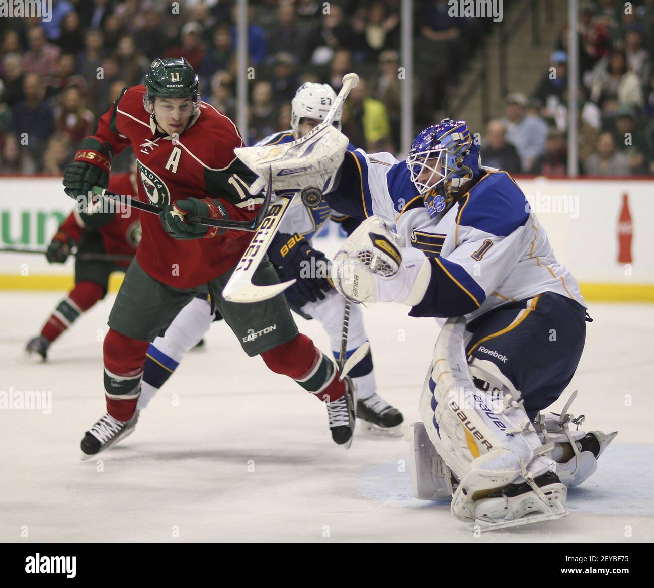 Minnesota Wild's Zach Parise and St. Louis goaltender Brian Elliott eye ...