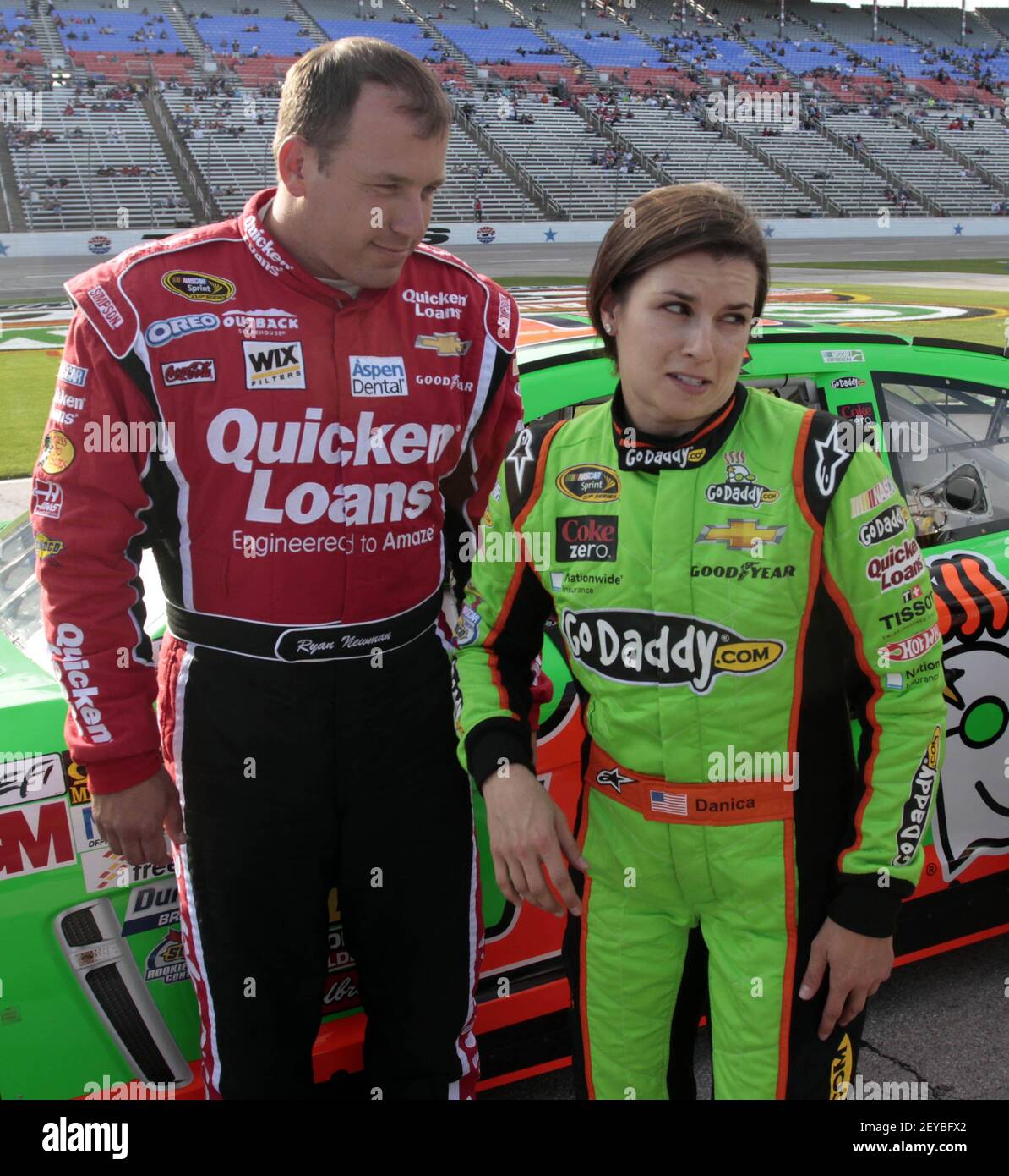 Ryan Newman, left, and Danica Patrick, chat briefly after qualifying at ...