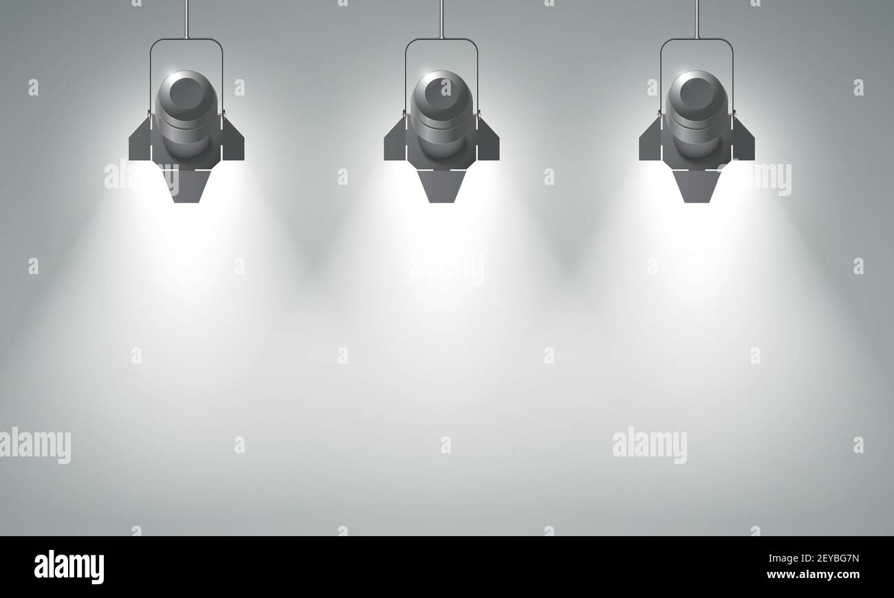 Realistic hanging spotlights composition with three bright beams in ...