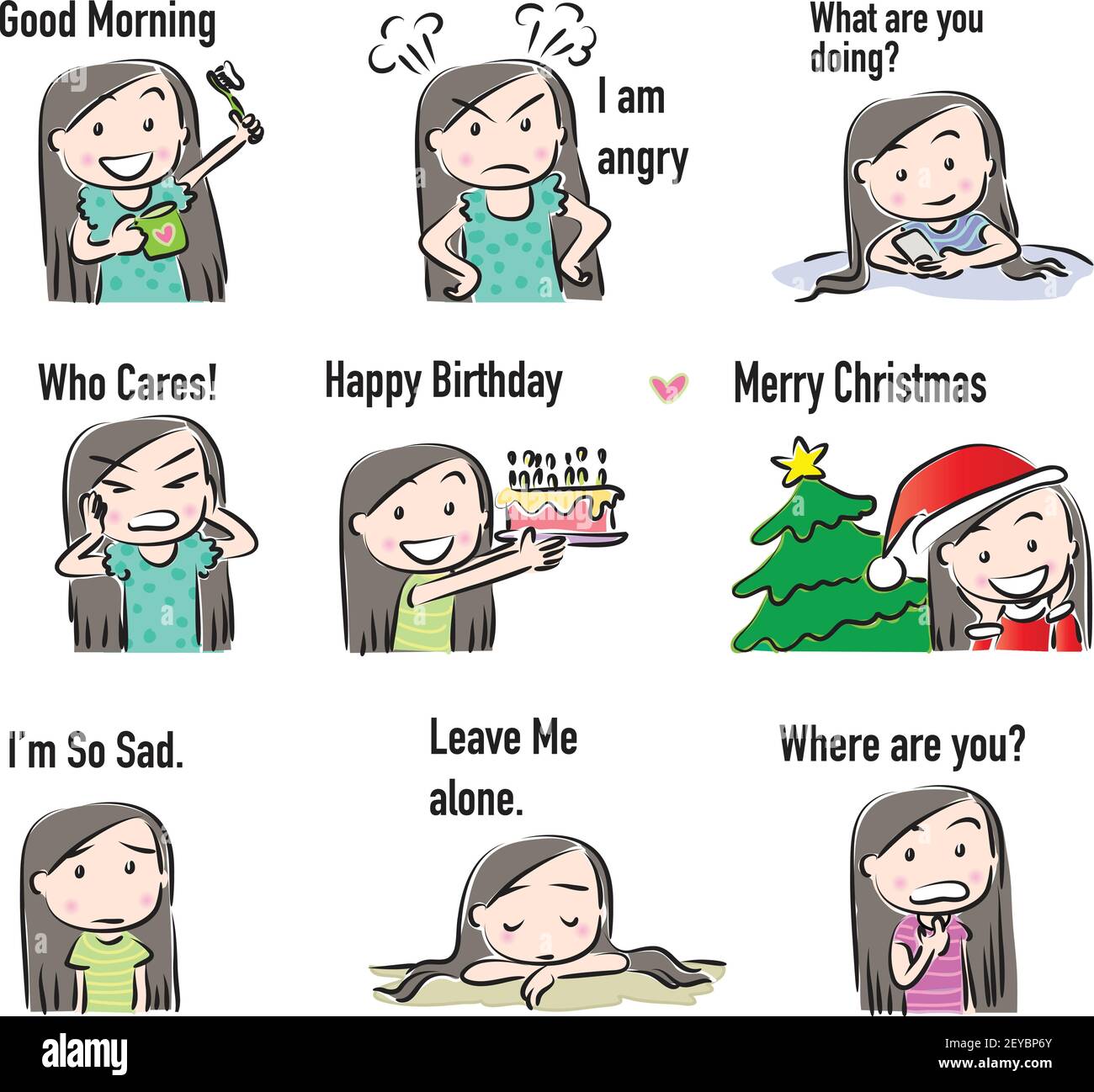 vector cartoon girl emoji face sticker set Stock Vector Image & Art - Alamy