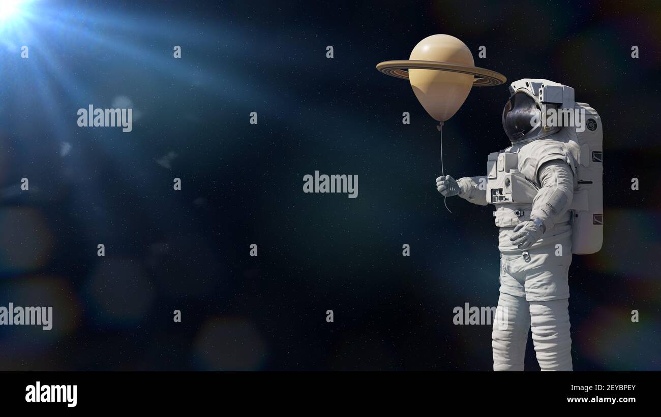 astronaut with planet Saturn balloon background with empty space Stock ...