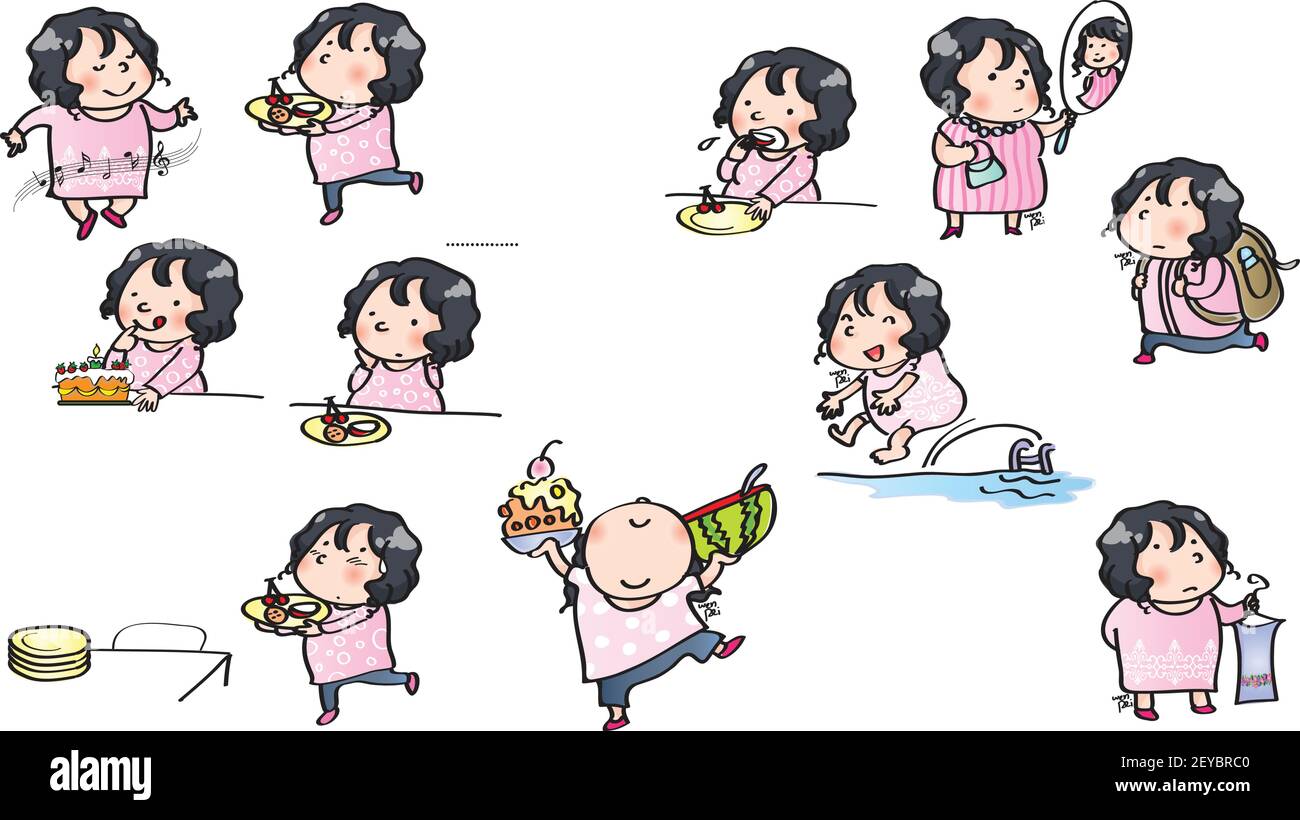 vector cartoon fat girl emoji face sticker set Stock Vector Image & Art ...