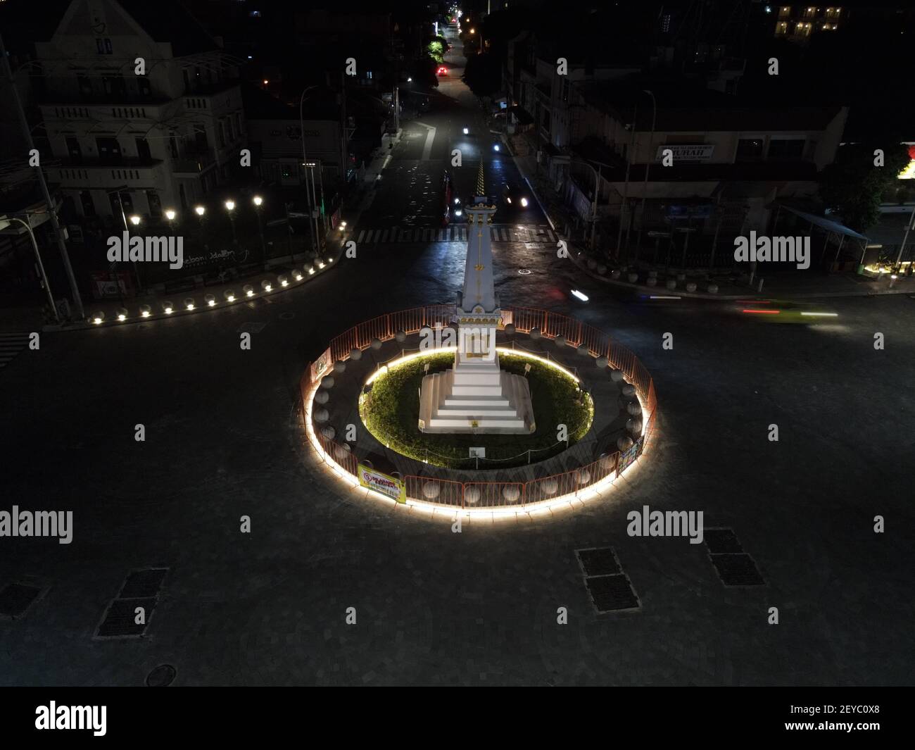 Aerial view of Tugu Jogja or Yogyakarta Monument, Indonesia at night ...