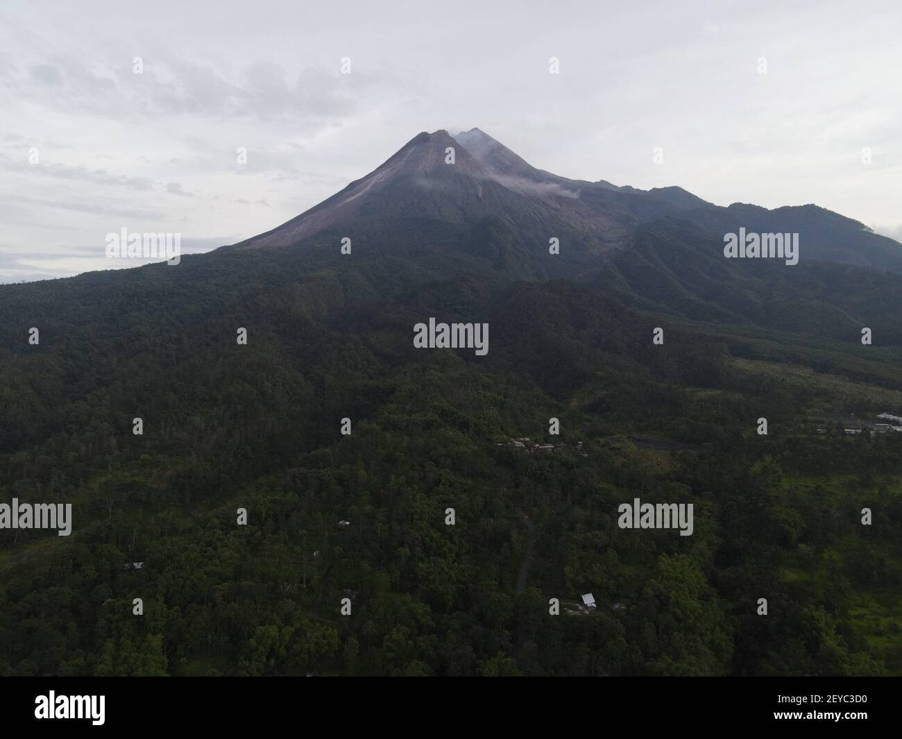 Aerial view of Mount Merapi Landscape with rice field and village in ...