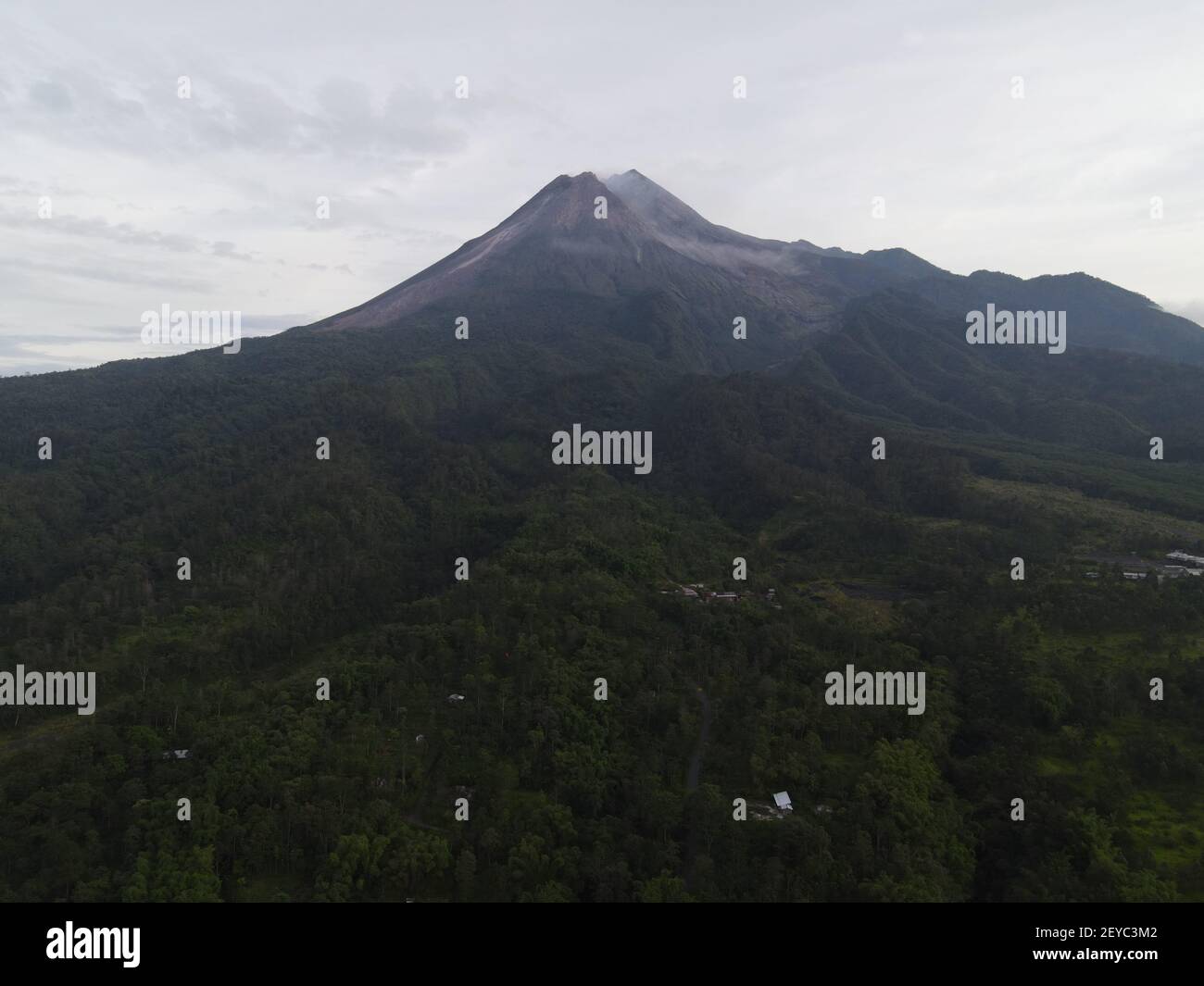 Aerial view of Mount Merapi Landscape with rice field and village in ...