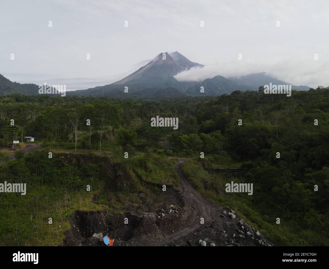 Aerial view of Mount Merapi Landscape with rice field and village in ...