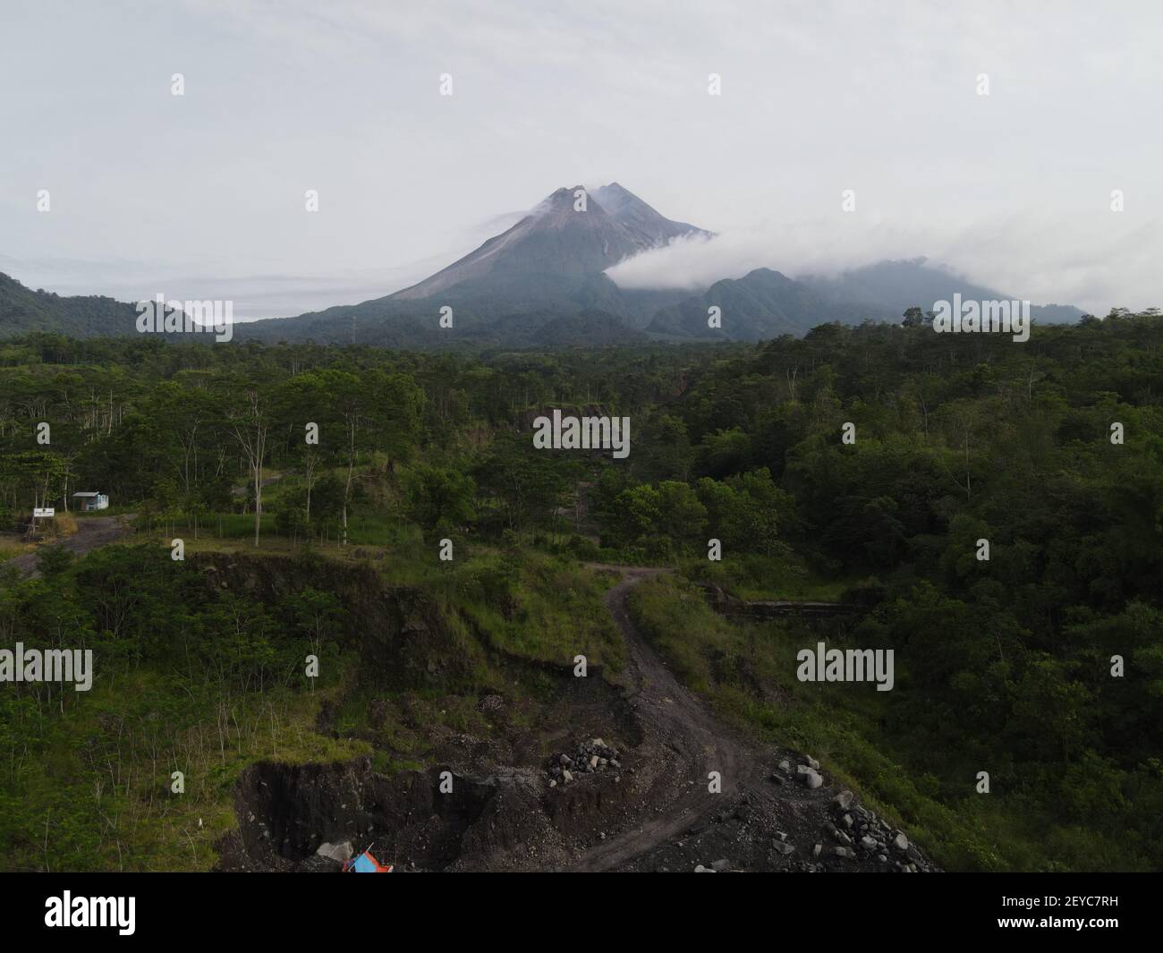Aerial view of Mount Merapi Landscape with rice field and village in ...