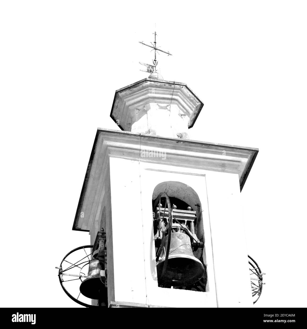 Building clock tower in italy europe old stone and bell Stock Photo - Alamy