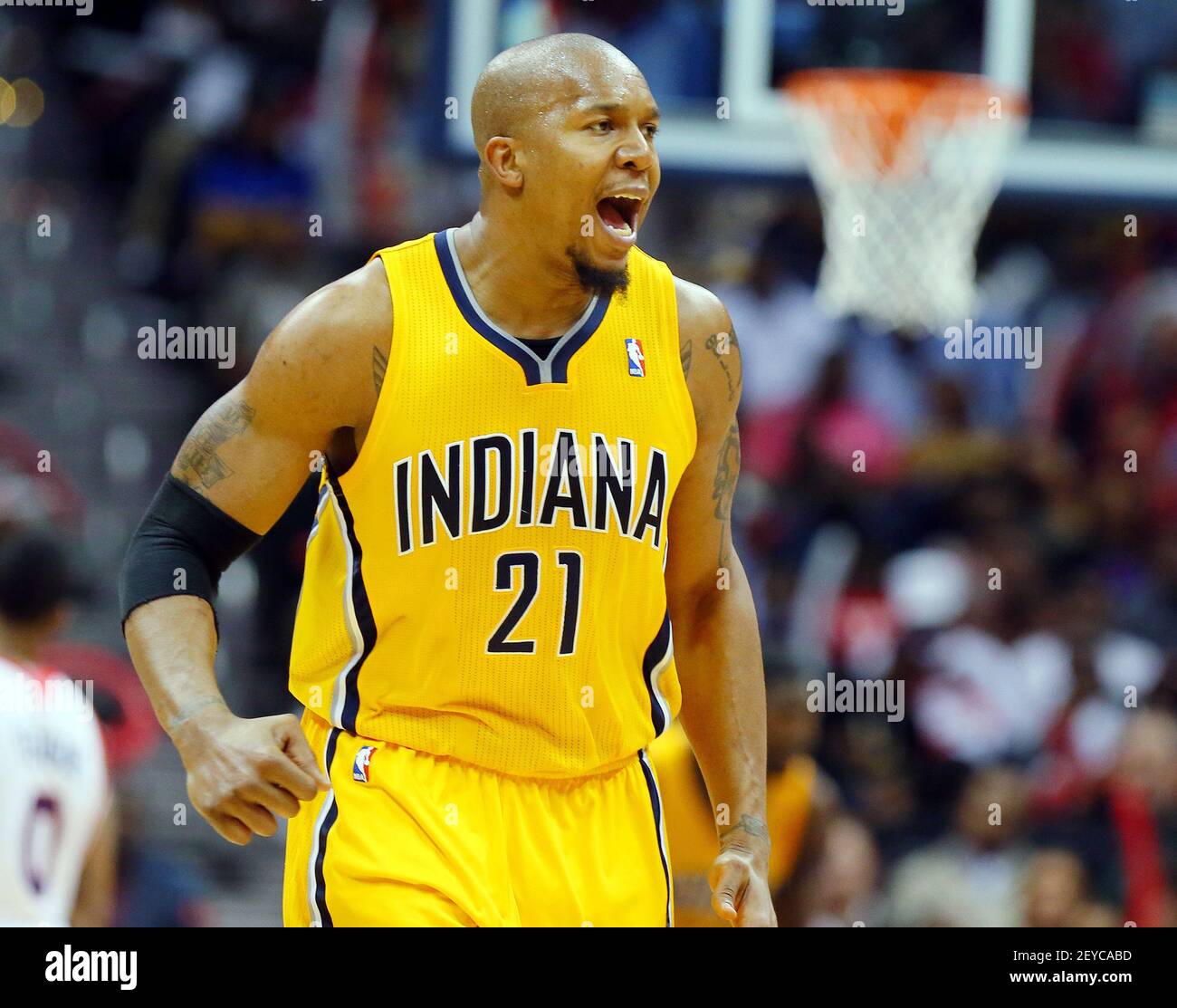 Indiana Pacers forward David West reacts to scoring against the Atlanta ...