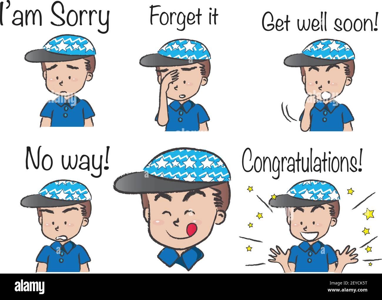 vector cartoon boy with cap face emoji stickers set Stock Vector Image ...