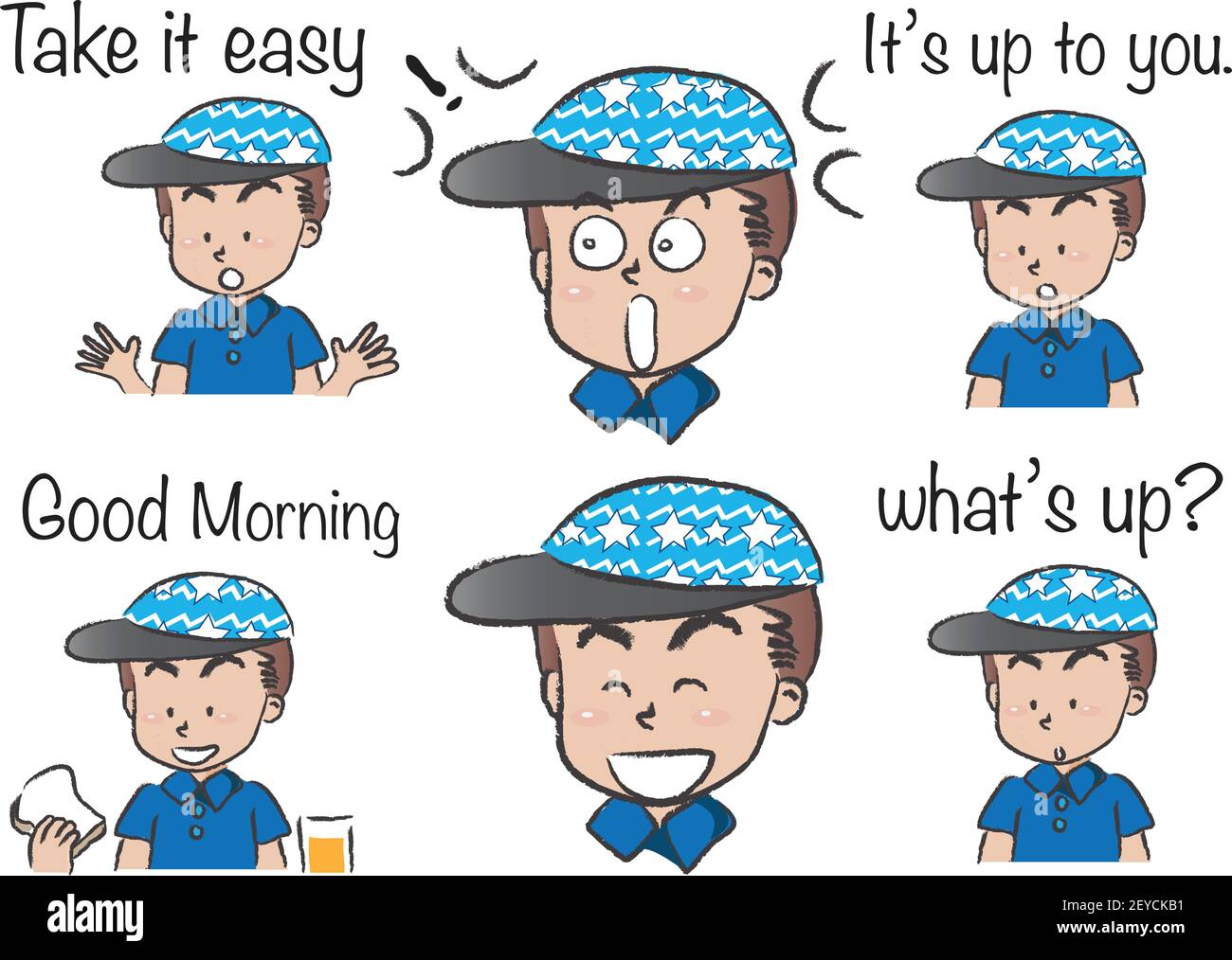 vector cartoon boy with cap face emoji stickers set Stock Vector Image ...