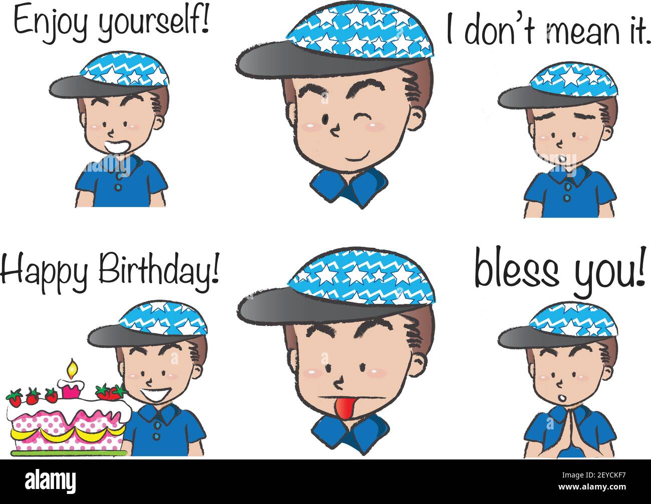 vector cartoon boy with cap face emoji stickers set Stock Vector Image ...