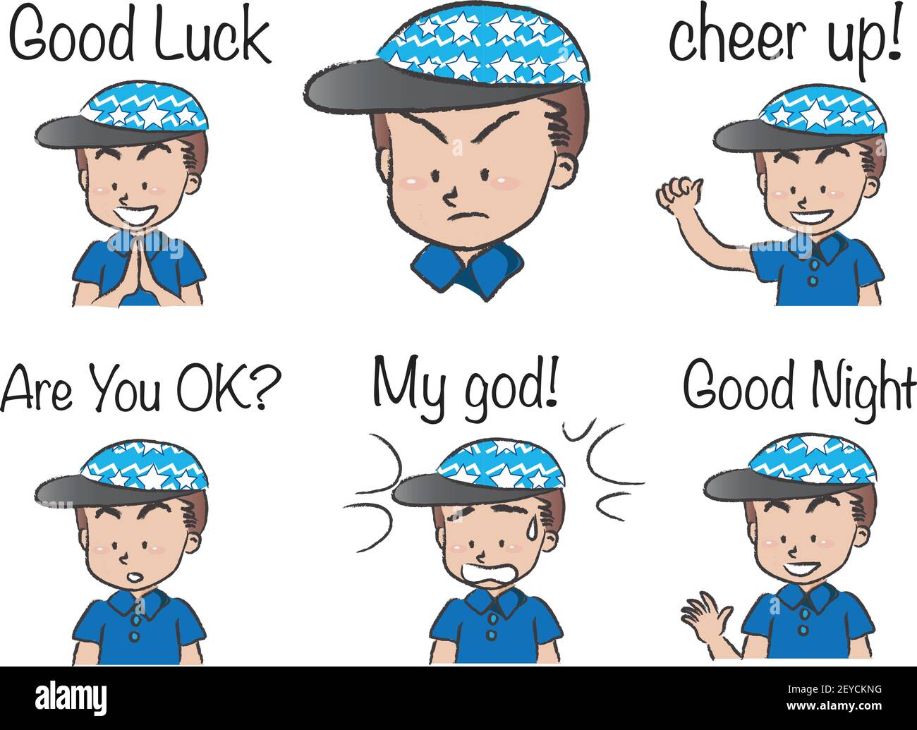 vector cartoon boy with cap face emoji stickers set Stock Vector Image ...