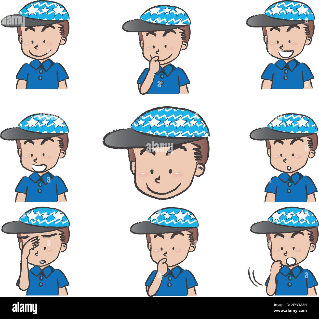 vector cartoon boy with cap face emoji stickers set Stock Vector Image ...
