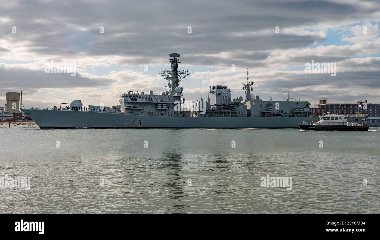 The Royal Navy Duke Class frigate HMS Kent (F78) seen departing ...