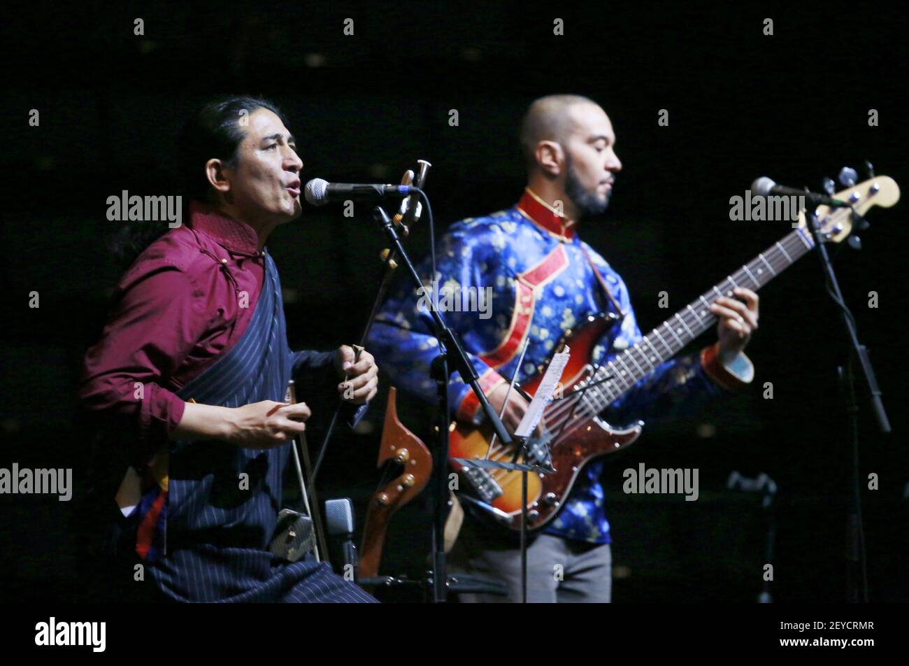18 May 2013. New Orleans, Louisiana, USA. Tibetan singer Techung (l ...