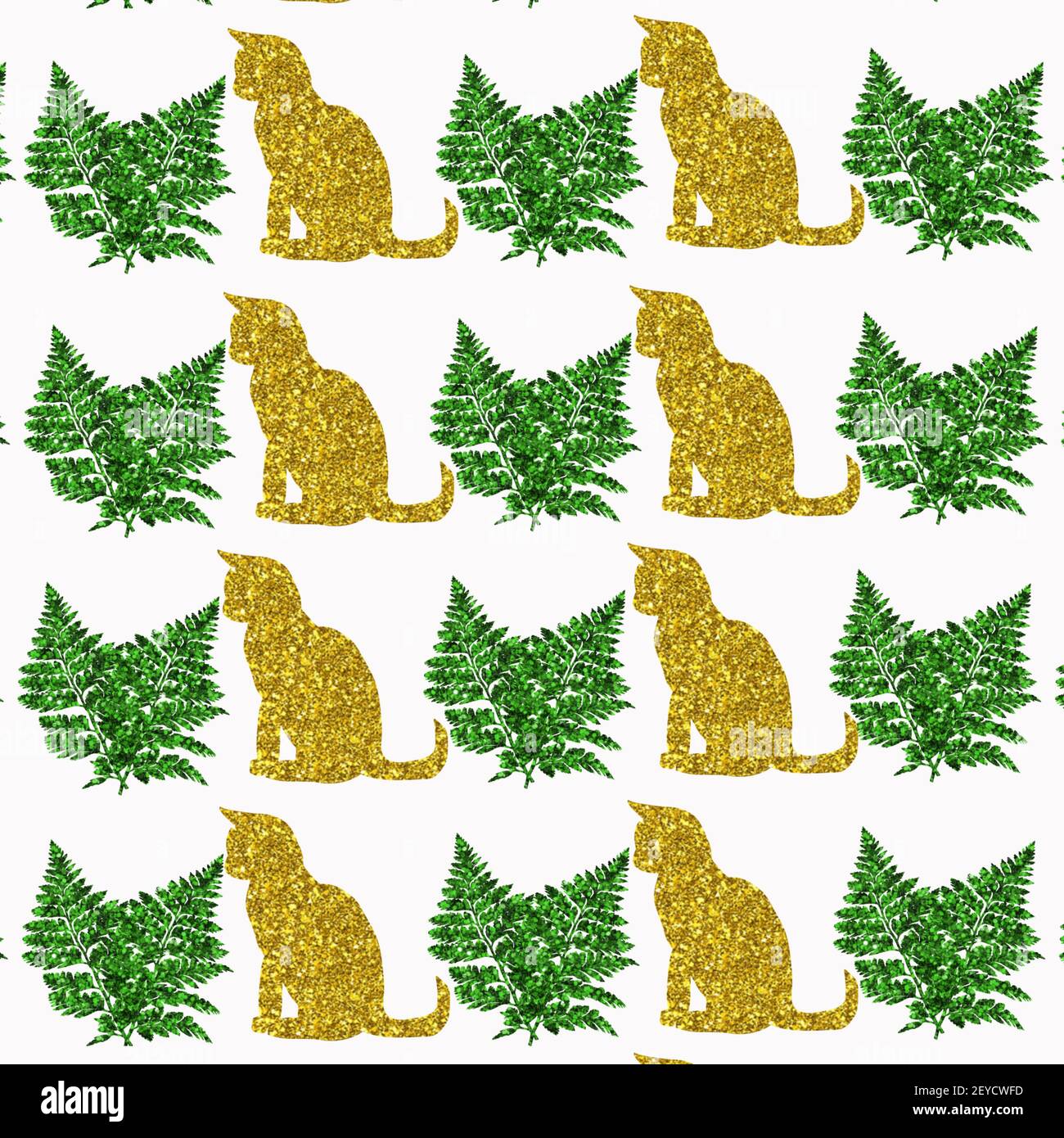 An illustration of a pattern of fern leaves with golden cat shapes ...