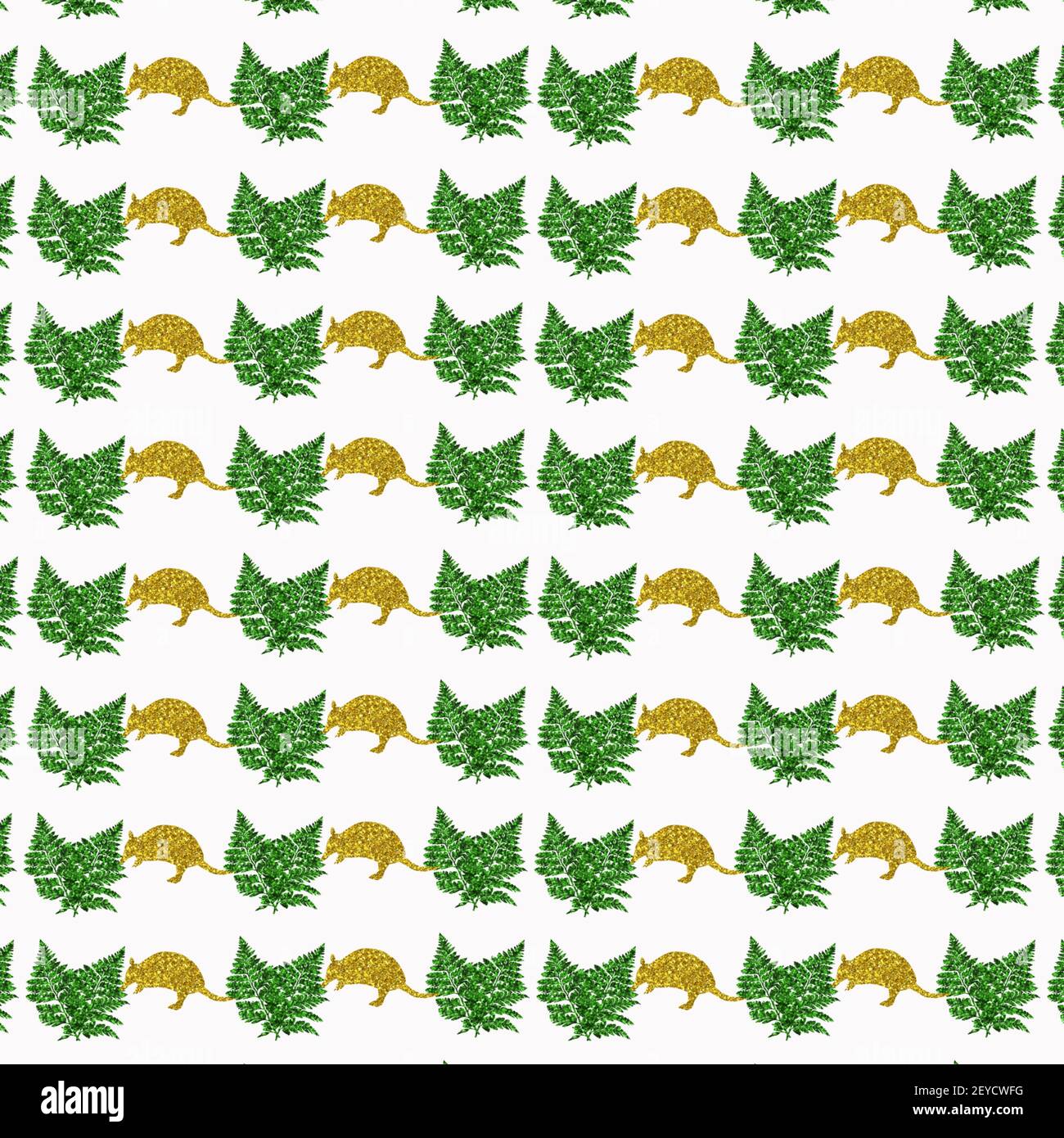 An illustration of a pattern of fern leaves with golden rat shapes ...