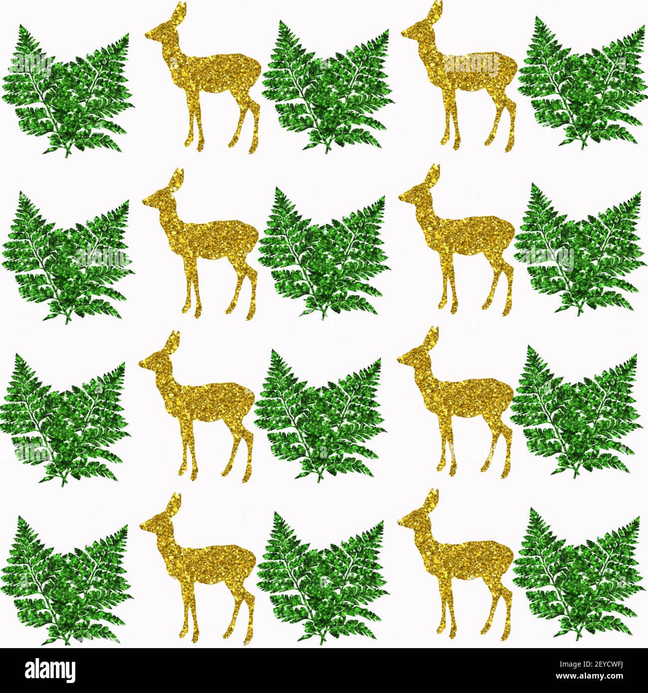 An illustration of a pattern of fern leaves with golden deer shapes ...
