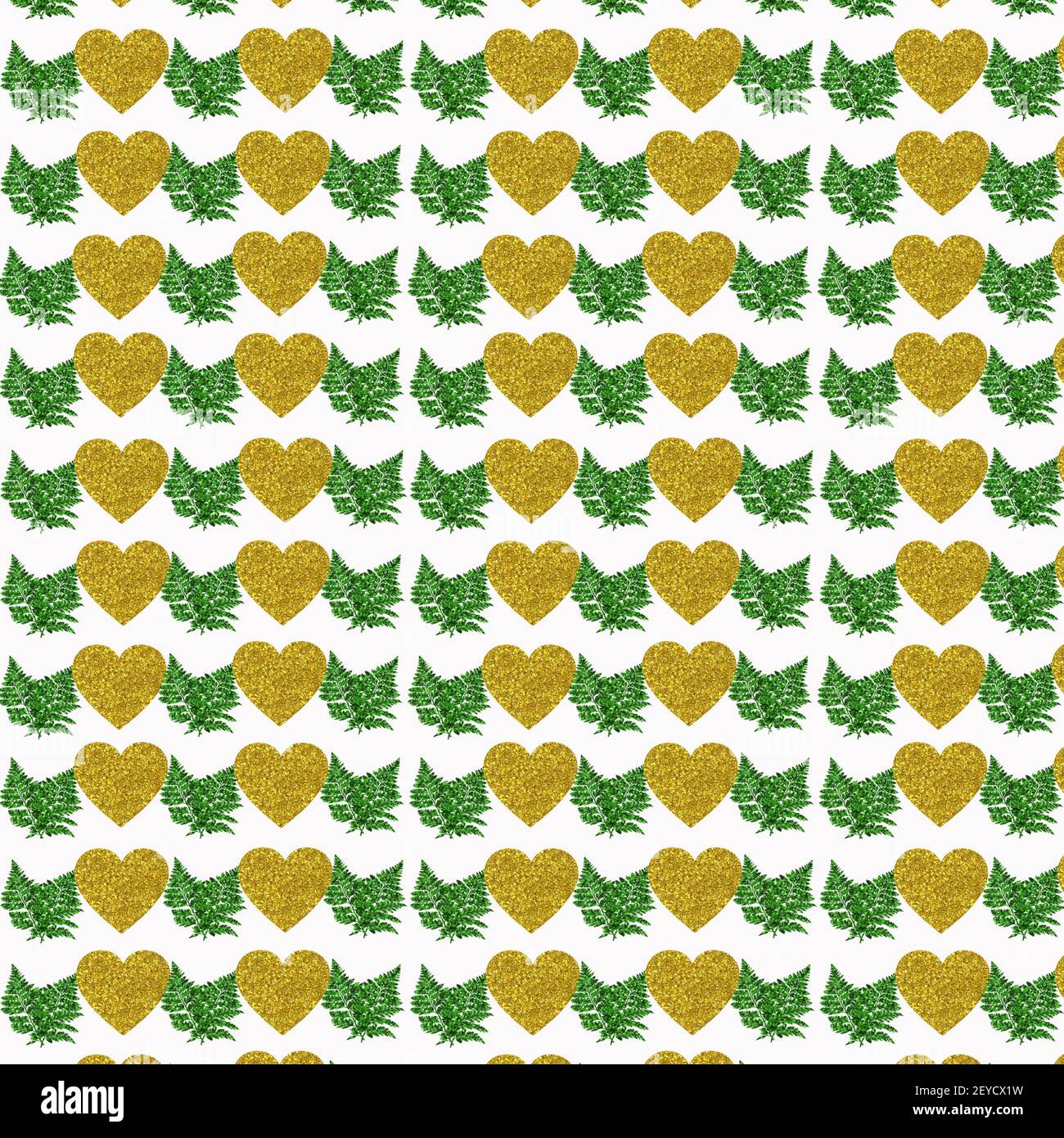 An illustration of a pattern of fern leaves with golden heart isolated ...