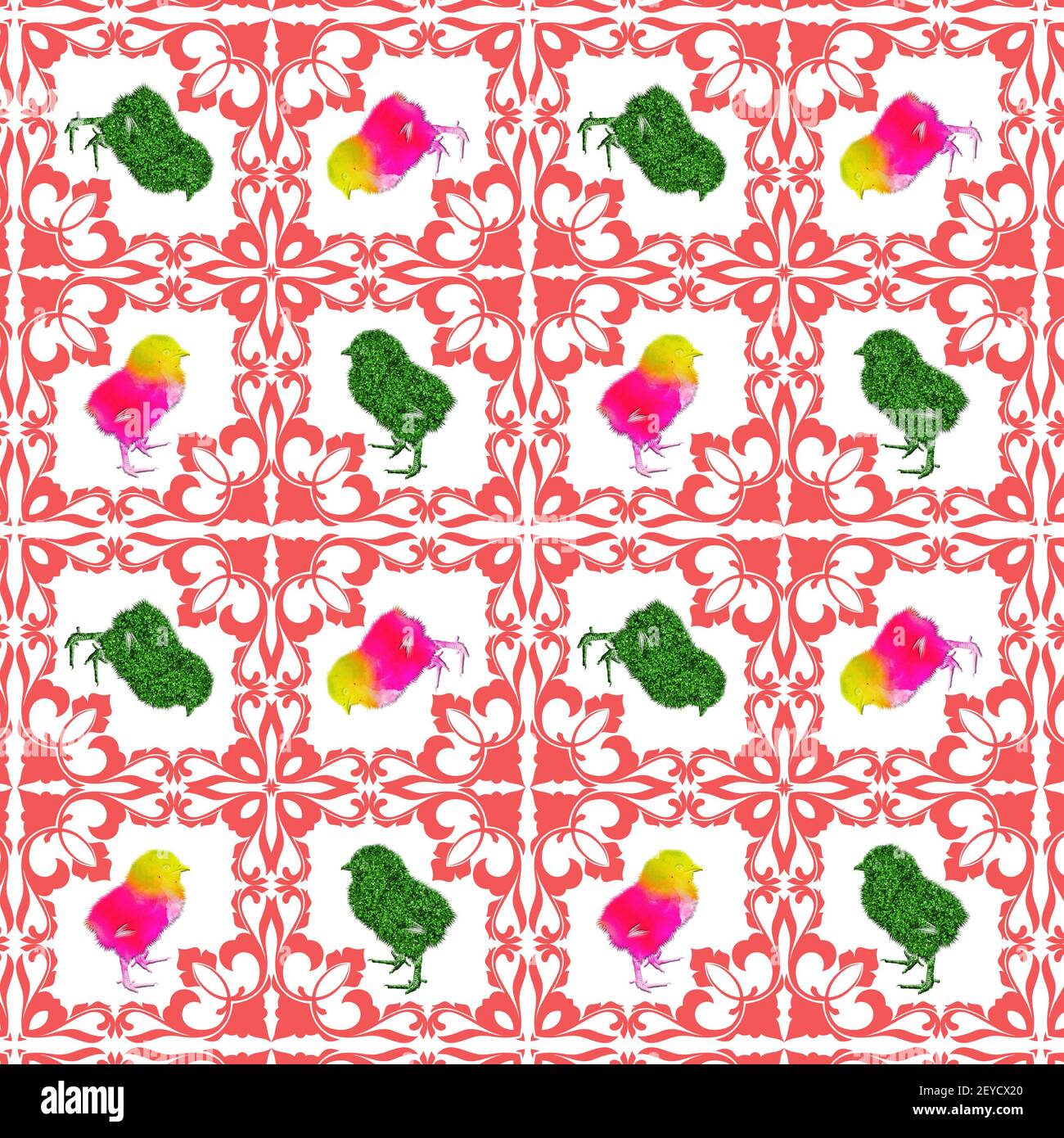 An illustration of colorful birds in pink ornamental frames on Stock ...