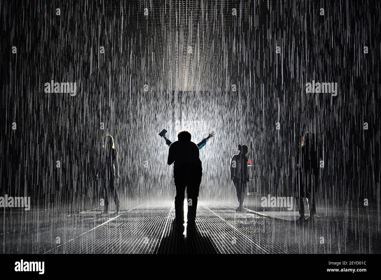 Visitors gather in the new 'Rain Room' installation at the Museum of ...