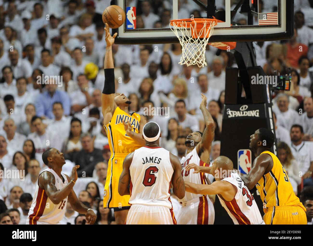 The Indiana Pacers' David West shoots over the Miami Heat defense in ...