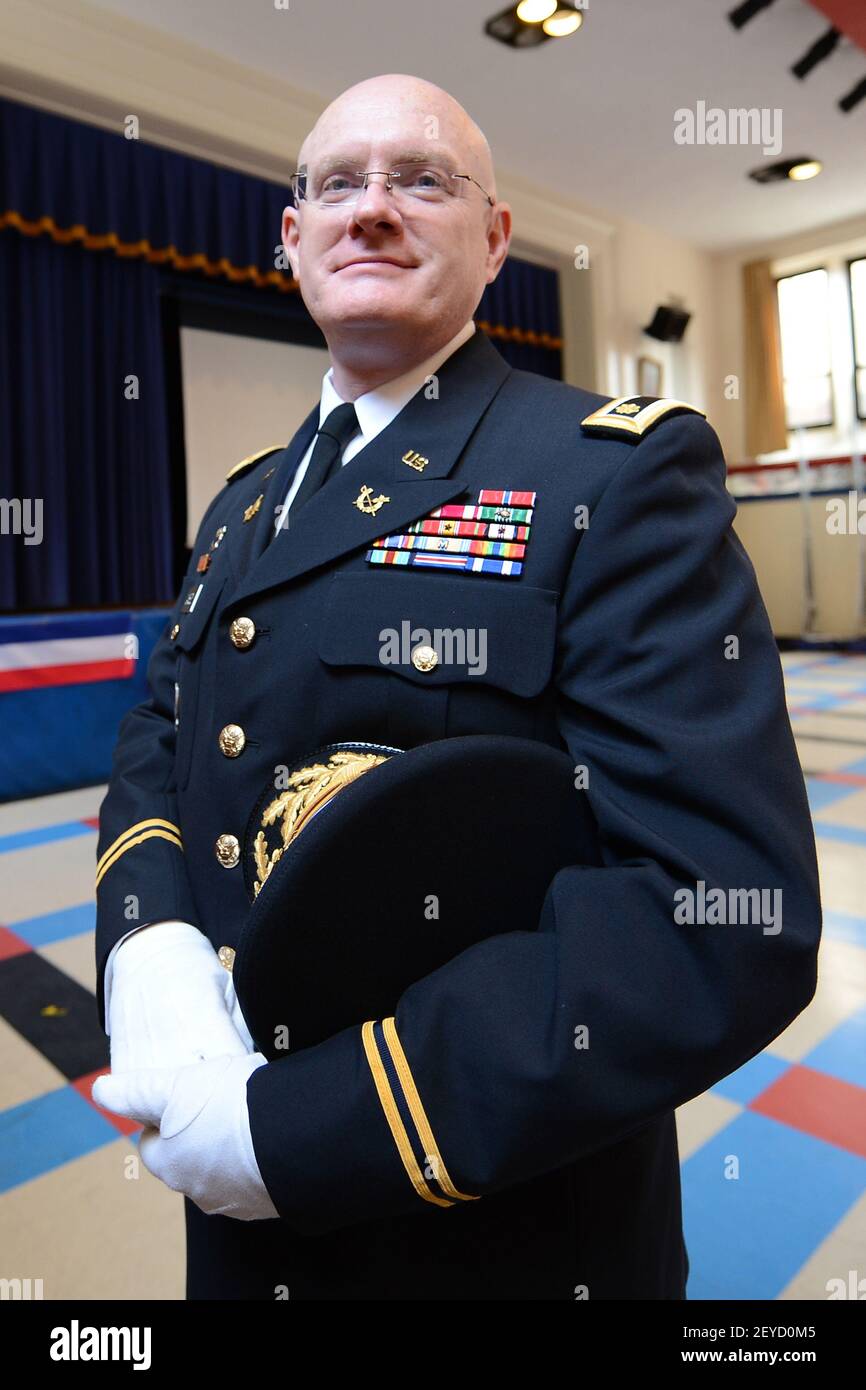 Army Major Roderick Cassidy poses for a portrait before addressing the ...