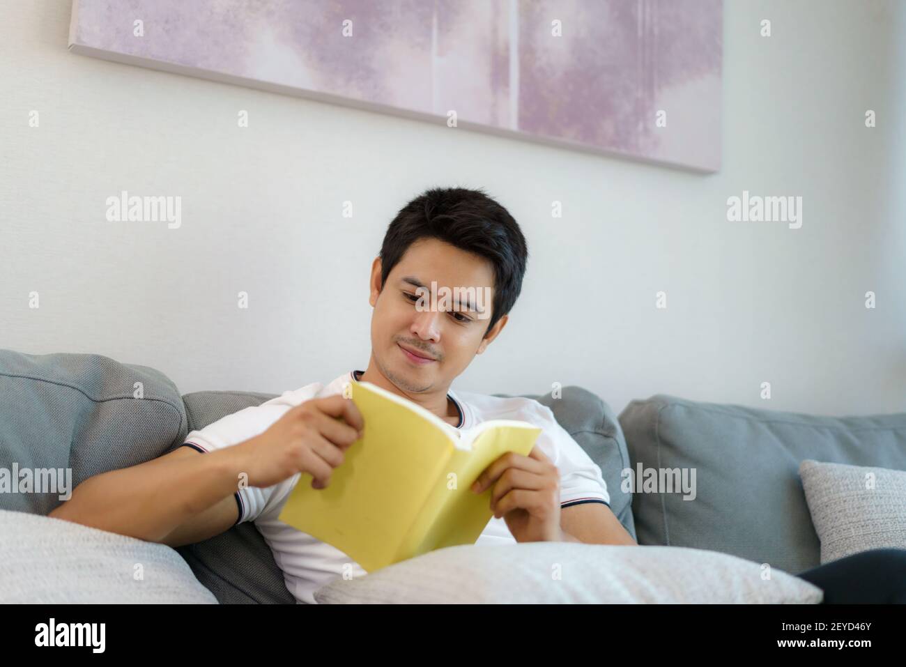 Asian man are sitting reading books, resting on the sofa in the living ...