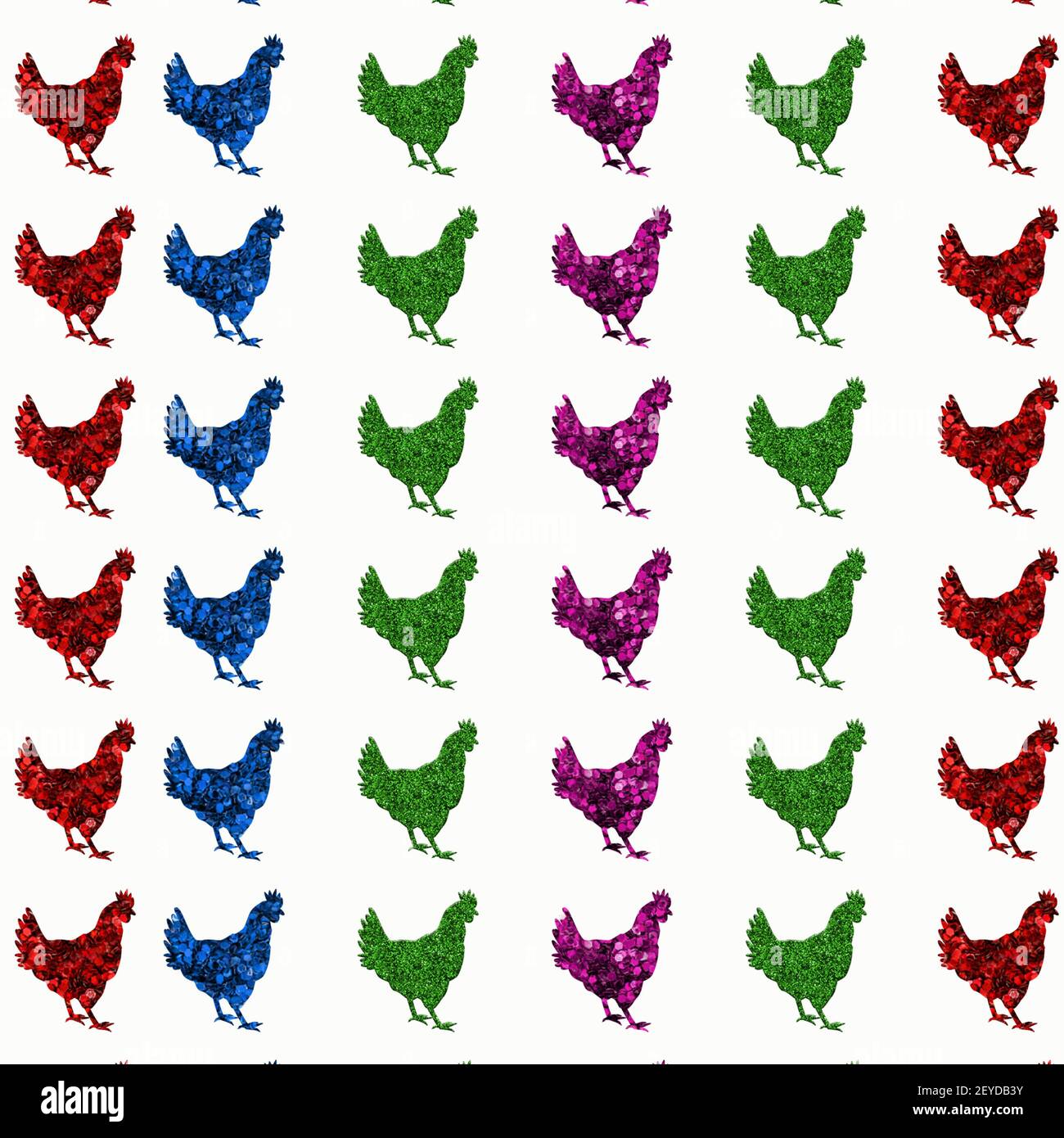 An illustration of the same rooster in four different colors on a white ...