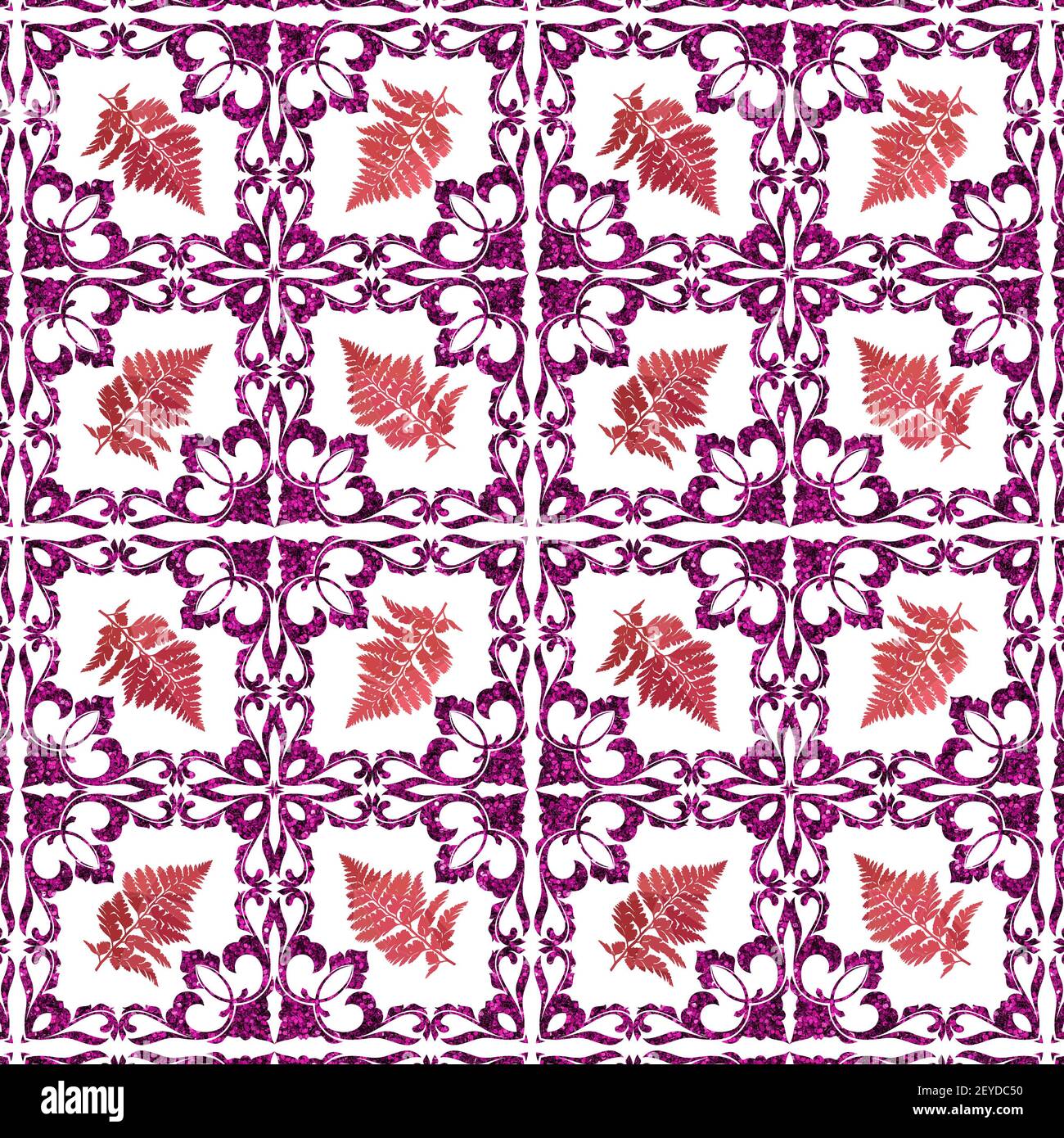 A seamless pattern of red leaves inside blue decorative corner frames ...