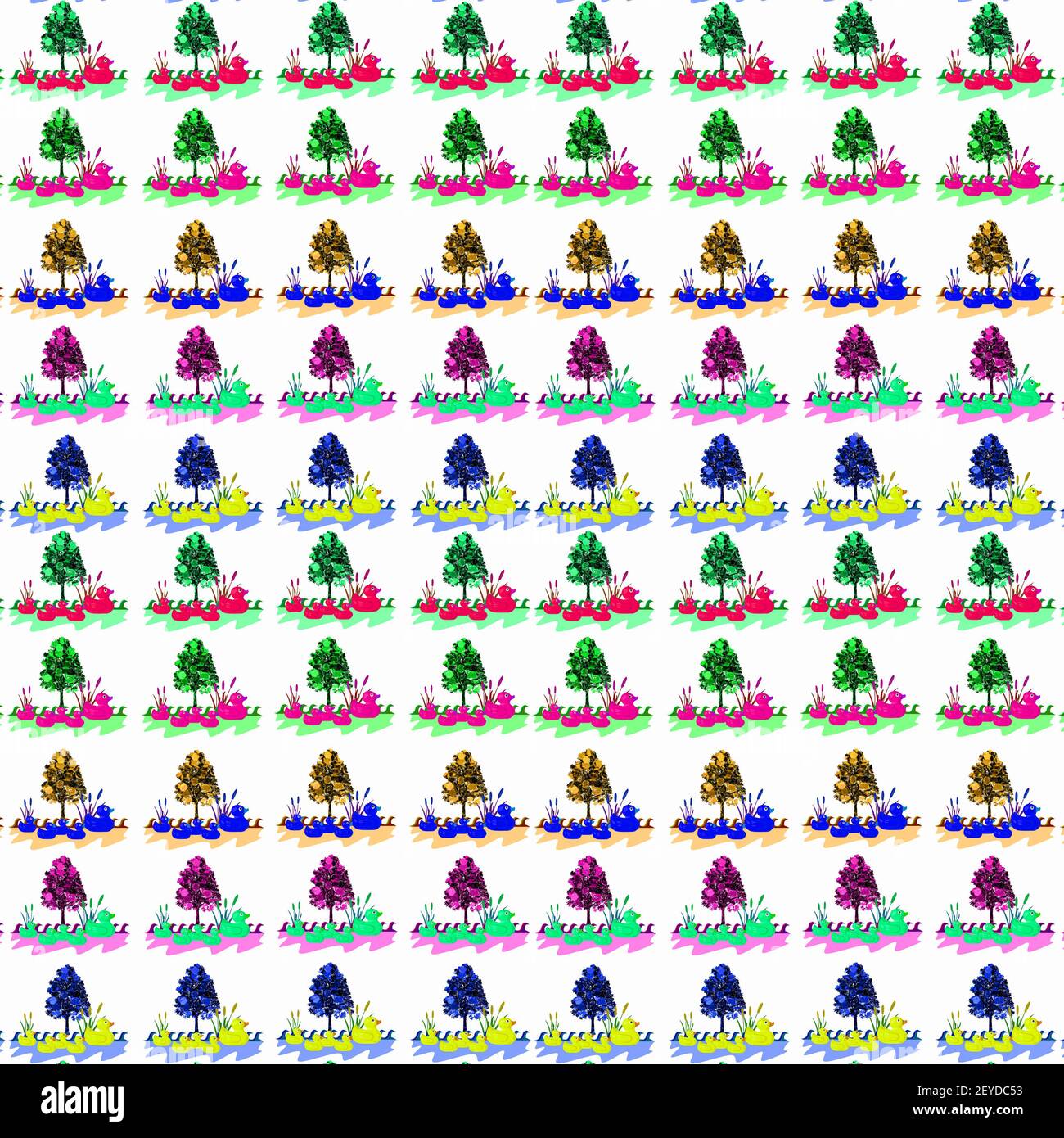 A seamless pattern of colorful ducks and ducklings next to the tree in ...