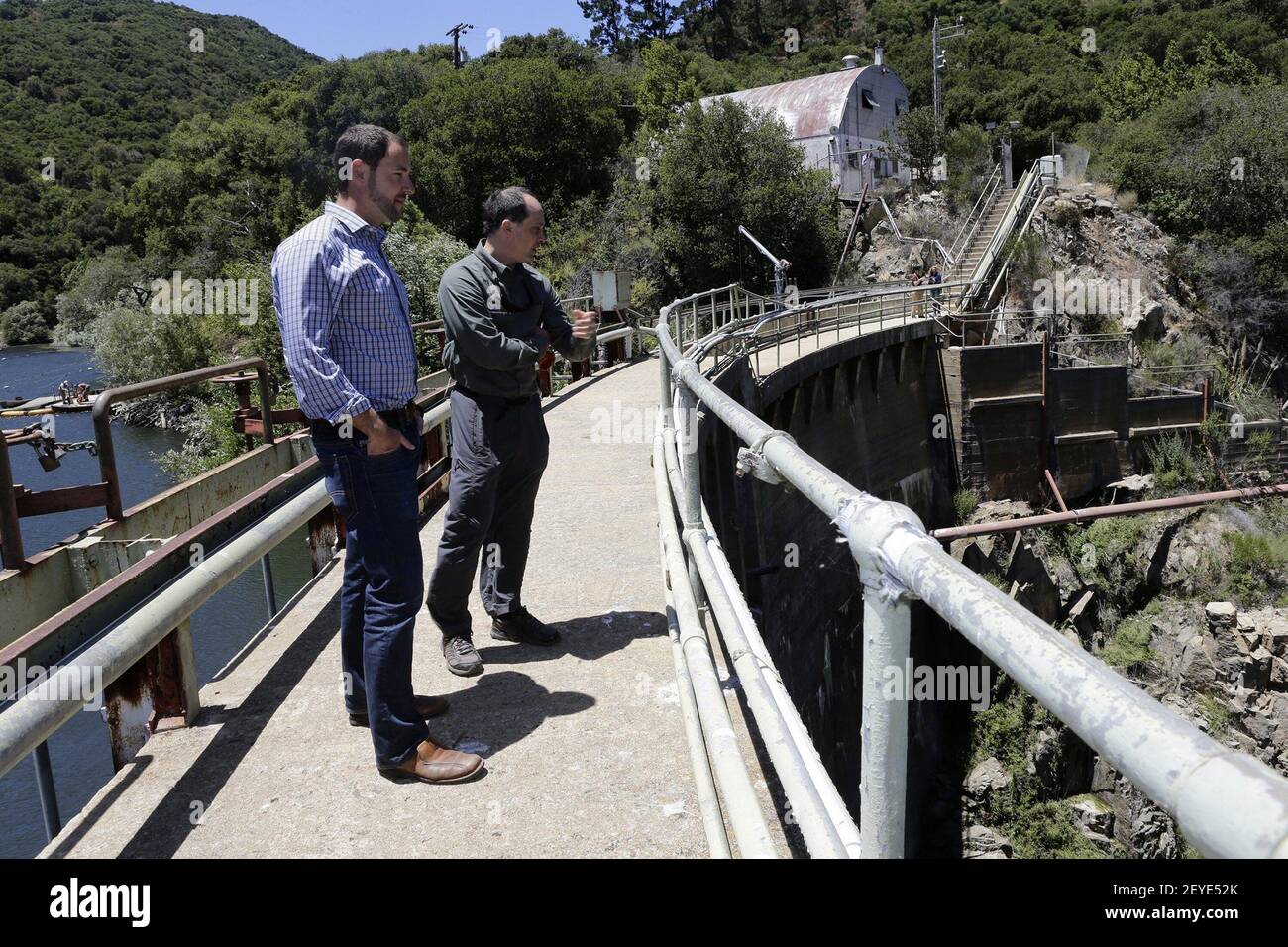 Jeff Szytel and Brian Stranko enjoy the view atop the San Clemente Dam ...