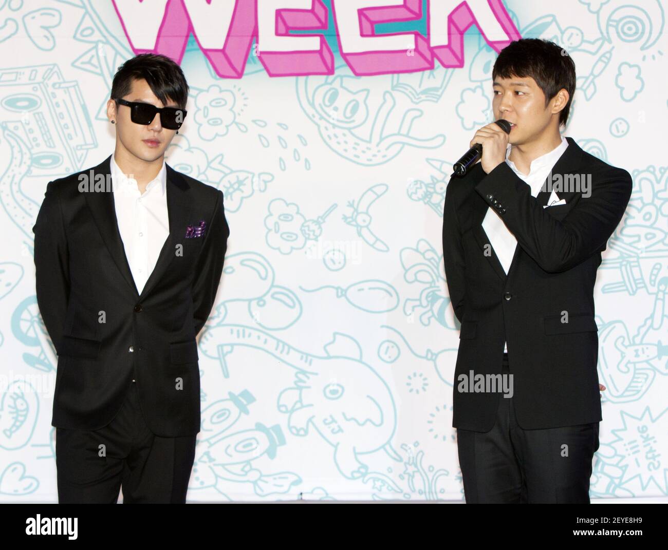 (L to R) South Korean Kim Jun-Su and Park Yoo-Chun, members of K-Pop boys band JYJ, attend a ...