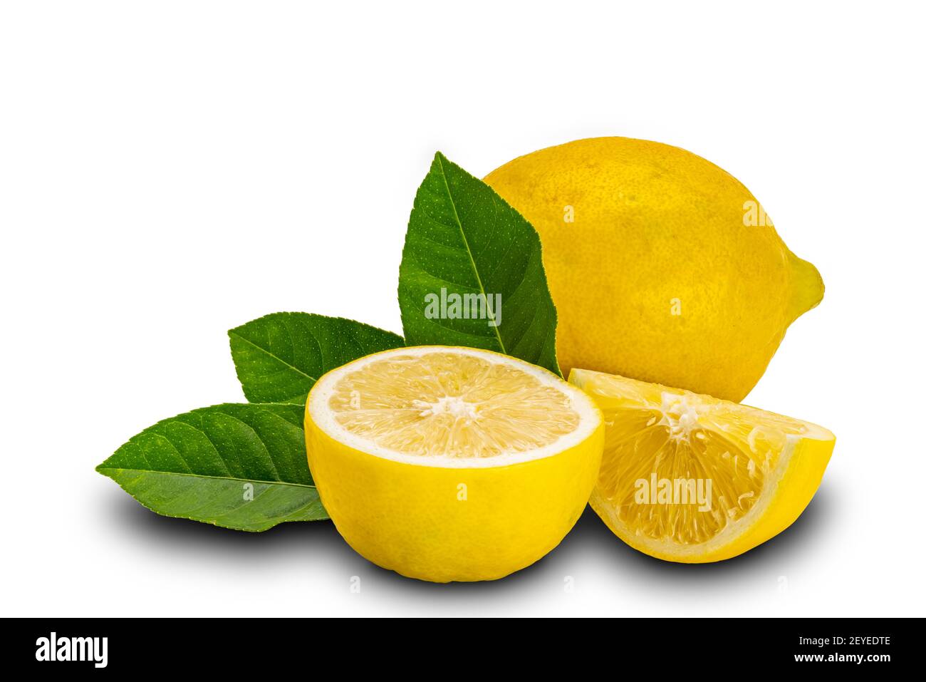 Freshly harvested lemon whole half and section with leaves isolated on ...