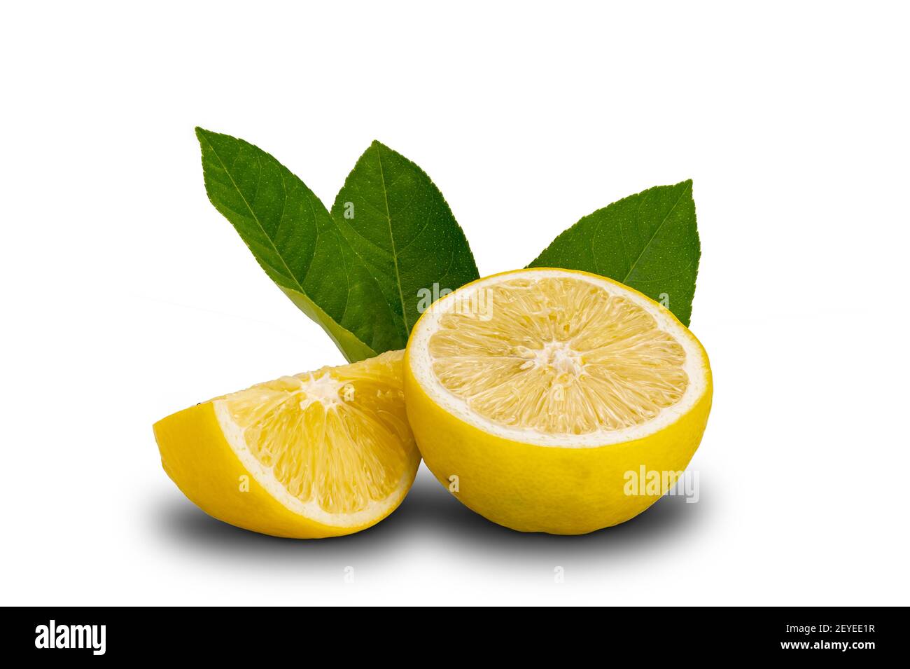 Pieces of lemon with leaves isolated on white background with clipping ...