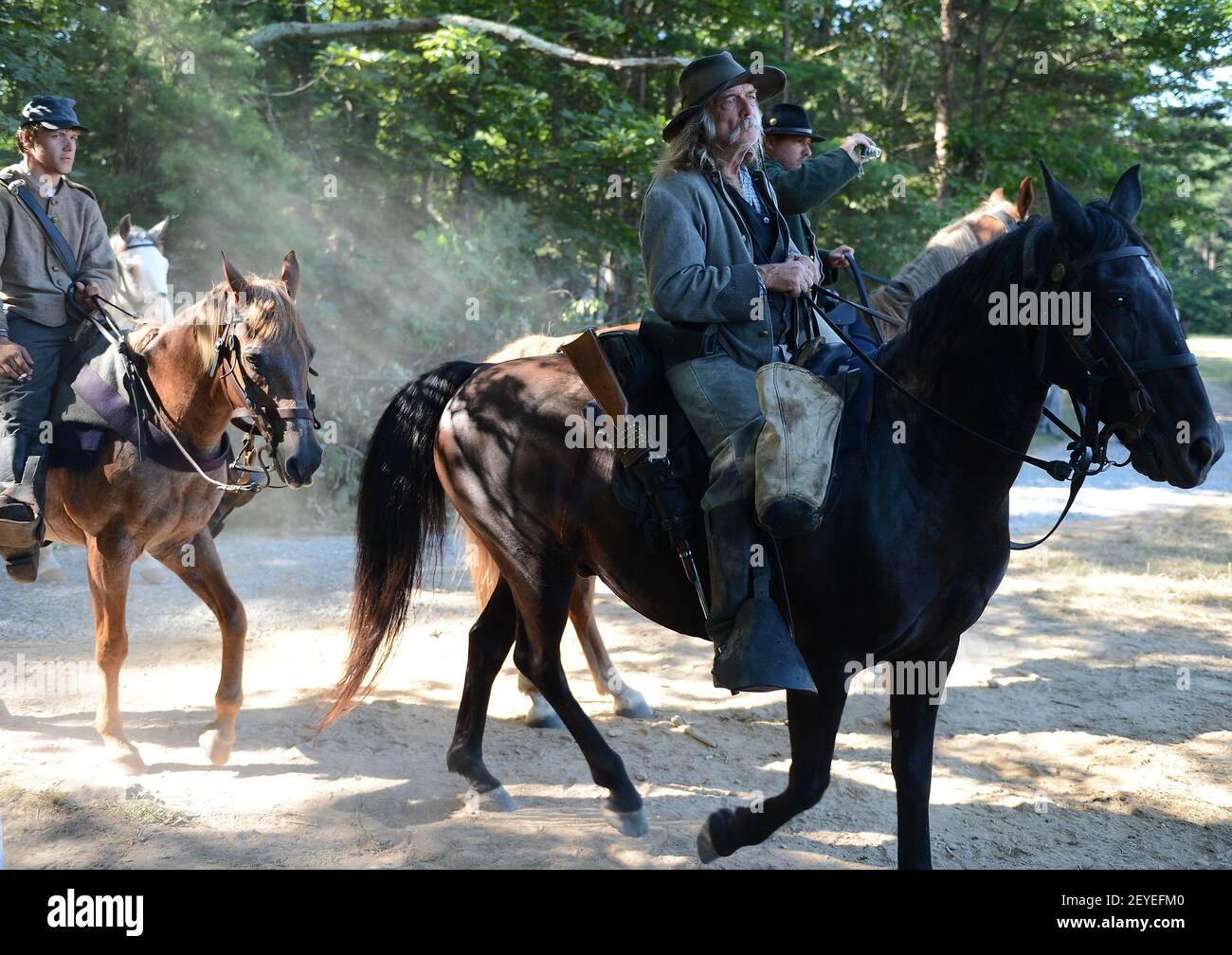 Confederate cavalry re-enactors assemble for a morning drill during the ...