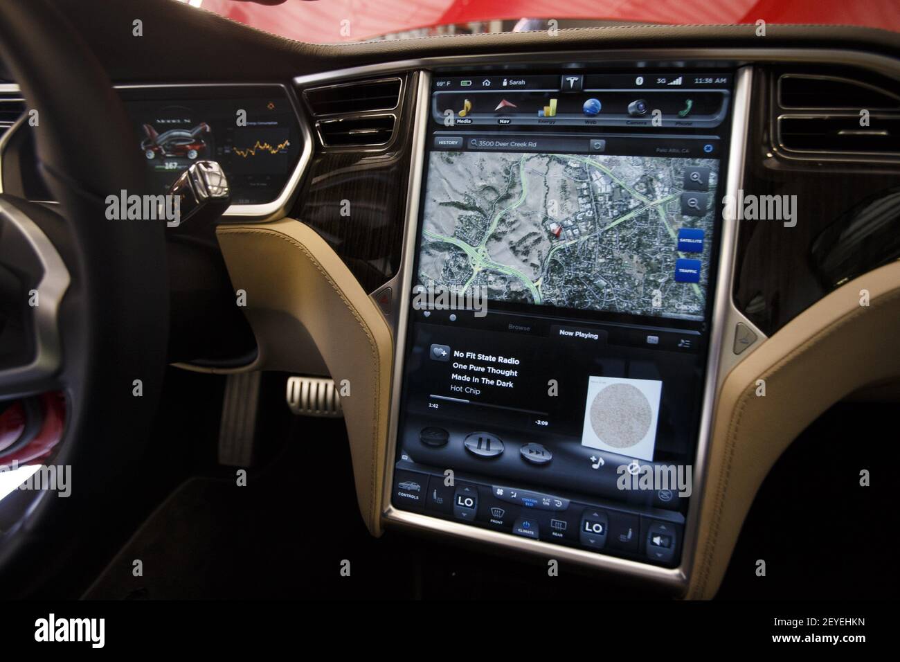 Pictured is Tesla's Model S' 17-inch touchscreen whose graphics are ...